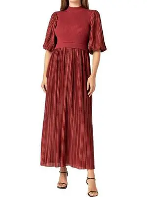English Factory Mixed Media Pleated Dress - Brick