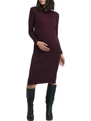RIPE MATERNITY Ruby Rib Nursing Midi Dress - Maroon