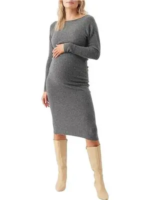 RIPE MATERNITY Off Shoulder Knit Dress - Charcoal Marle