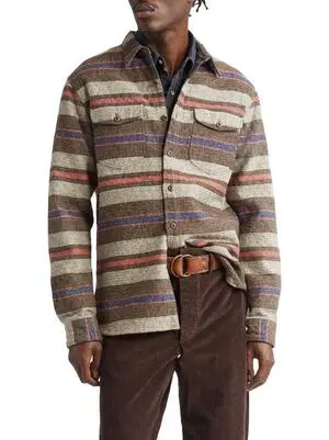 Double Rl Stripe Cotton Blend Button-up Shirt - Brown Multi