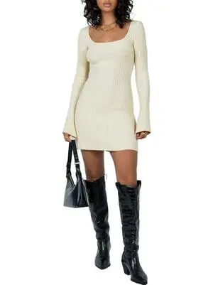 Princess Polly Brownhall Long Sleeve Rib Minidress - Beige