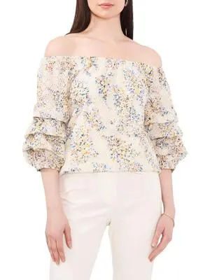 Chaus Eyelet Off-the-shoulder Blouse - Ivory/lavender/blue