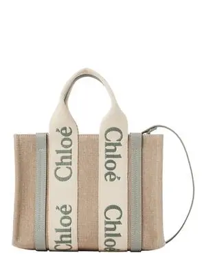 Chloé Chloé Small Woody Tote Bag In Linen Canvas With Calfskin Trim Green