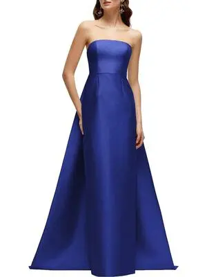 Alfred Sung Strapless Satin Twill Column Gown With Removable Train - Cobalt Blue