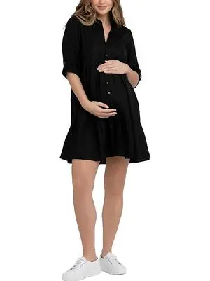 RIPE MATERNITY Adel Linen Shirt Dress - Black