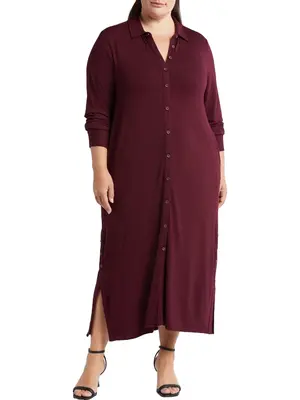 Universal Standard Universal Standard Sally Long Sleeve Liquid Jersey Shirtdress Black Cherry