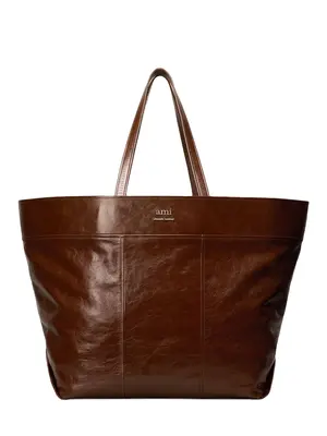 Ami East West Maxi Leather Tote Bag - Brown