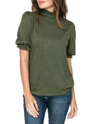 GIBSONLOOK Ruffle Mock Neck Puff Sleeve Sweater - Martini Olive