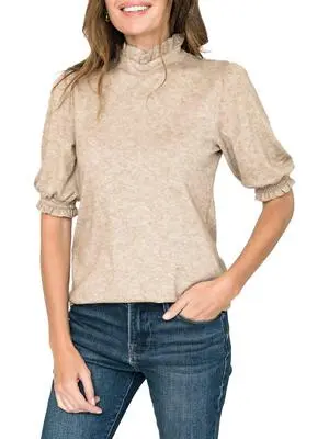 GIBSONLOOK Ruffle Mock Neck Puff Sleeve Sweater - Oatmeal Sand