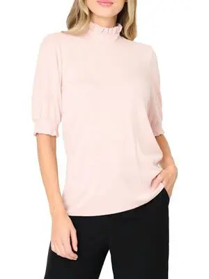 GIBSONLOOK Ruffle Mock Neck Puff Sleeve Sweater - Pink Smoke