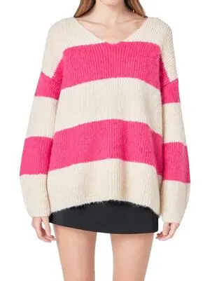 Endless Rose Oversized Striped Sweater - Beige/ Fuchsia