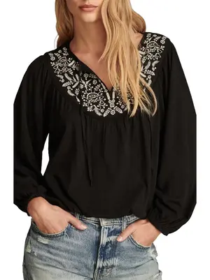 Lucky Brand Embroidered Cotton Peasant Top - Caviar