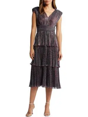 Vince Camuto Metallic Tiered Midi Dress - Copper Multi