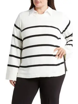 Universal Standard Bardot Stripe Cotton Sweater - Cream/ Black Stripe