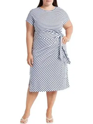 Universal Standard Crescent Knot T-shirt Dress - White/ Cenote Stripe
