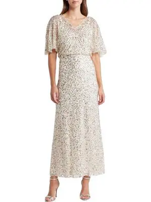 Pisarro Nights Beaded Capelet Gown - Champagne