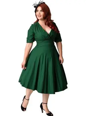 Unique Vintage Surplice Delores Swing Dress - Emerald