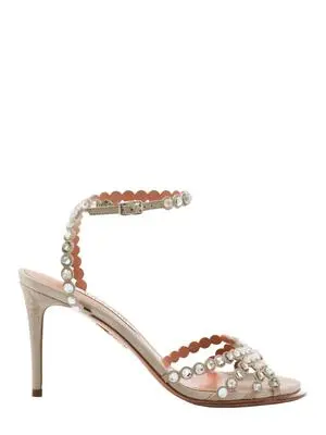 AQUAZZURA Aquazzura Tequila Sandals In Suede With Crystals And Stiletto Heels Grey
