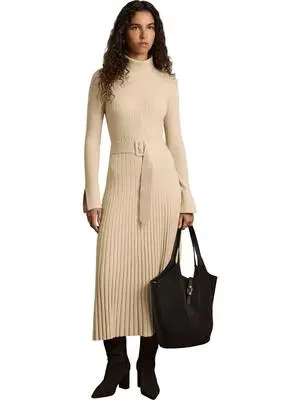 REISS Vinette Ribbed Belted Midi Dress - Neutral