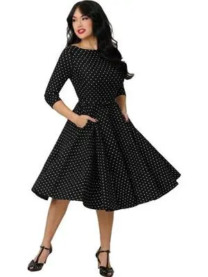Unique Vintage Three Quarter Sleeve Belted Devon Swing Dress Black & White Polka Dot