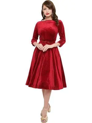 Unique Vintage Three Quarter Sleeve Belted Devon Swing Dress Burgundy