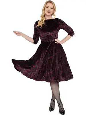 Unique Vintage Three Quarter Sleeve Belted Devon Swing Dress Eggplant