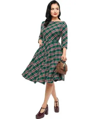 Unique Vintage Three Quarter Sleeve Belted Devon Swing Dress Green Plaid