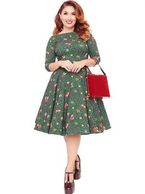 Unique Vintage Three Quarter Sleeve Belted Devon Swing Dress Green