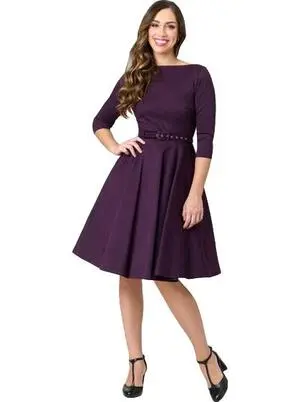 Unique Vintage Three Quarter Sleeve Belted Devon Swing Dress Purple