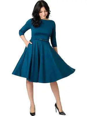 Unique Vintage Three Quarter Sleeve Belted Devon Swing Dress Teal Solid