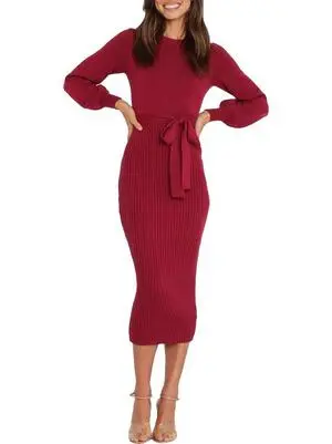 PETAL & PUP Helena Belted Long Sleeve Sweater Dress - Wine