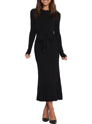 PETAL & PUP Rhianna Belted Ribbed Sweater Dress - Black