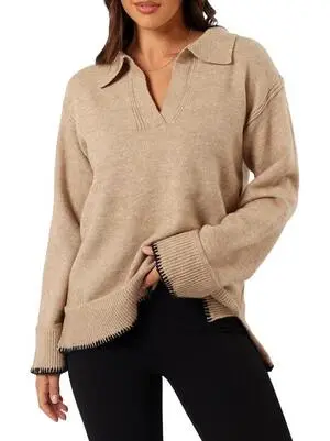 PETAL & PUP Elise Blanket Stitch Johnny Collar Sweater - Taupe