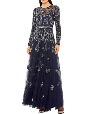 Mac Duggal Long Sleeve Floral Beaded A-line Gown - Midnight Multi