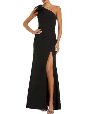 Mac Duggal Crepe One Shoulder Fitted Gown With Bow - Black
