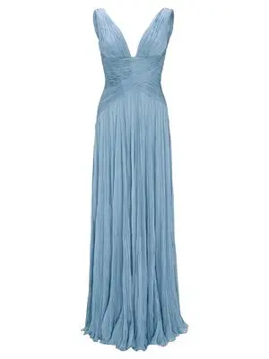 MARMAR HALIM Lettuce Hem Pleated Gown Blue