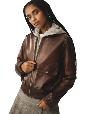 LAMARQUE Candace Leather Bomber Jacket - Brown