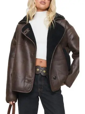 Princess Polly Nunez Faux Shearling Lined Faux Leather Jacket - Brown