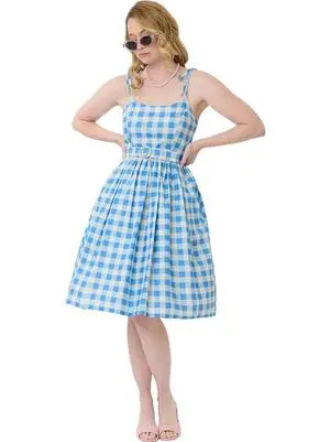 Unique Vintage Unique Vintage 1950s Swing Dress With Fruit Print And Character Embellishments Blue Gingham