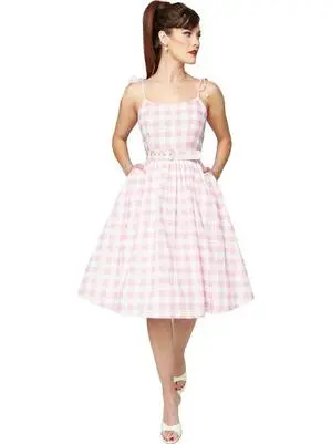 Unique Vintage Bobbie Swing Dress - Light Pink & White Gingham