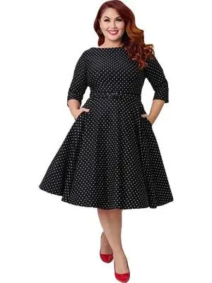 Unique Vintage Devon Swing Dress - Black & White Polka Dot