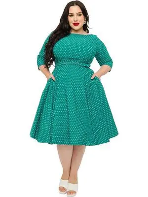 Unique Vintage Unique Vintage Plus Size Devon Swing Dress Teal Pindot