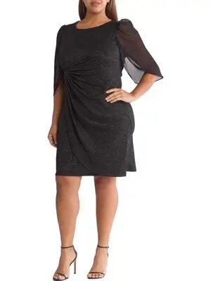CONNECTED APPAREL Chiffon Cape Sleeve Knit Dress - Black