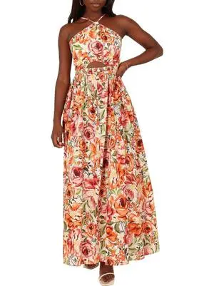 PETAL & PUP Madeira Halter Neck Maxi Sundress - Orange Floral