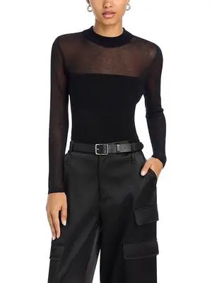 Aqua Sheer Knit Mock Neck Top - Black