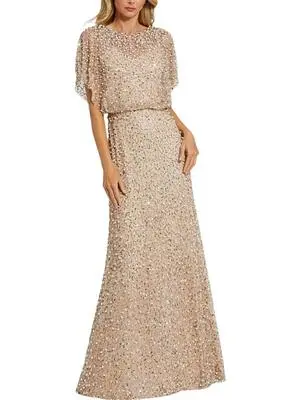 Mac Duggal Beaded Mesh Gown With Shawl - Nude Gold