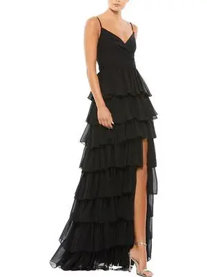 Mac Duggal Sleeveless Gown With Tiered Ruffled Skirt And V-neckline - Black
