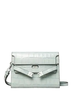 Tory Burch Lee Radziwill Croc Embossed Shoulder Bag Blue Celadon/silver