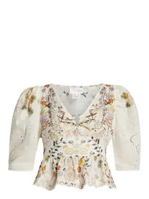 CAMILLA Floral-Embroidered Linen Top