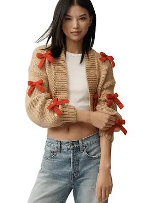 Maeve Maeve Alicia 3D Bow Crop Cardigan Sweater Tan